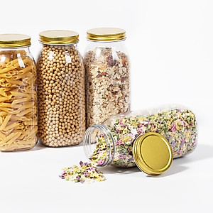 OMNISAFE 64 Ounce Clear Plastic Mason Jars With Screw On Lid, Reusable Empty Jars for Food Storage, BPA Free Containers for Sealing, Dry Food, Snacks, Candies, Breakage-proof, (Gold - 4 Pack)