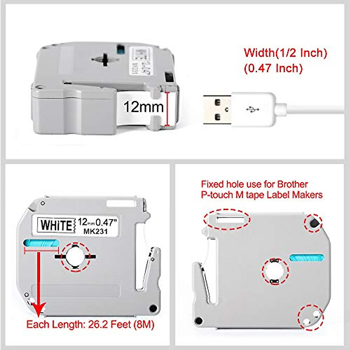 4 Pack Labelife M-K231 Compatible Label Tape Replacement for Brother P Touch M Tape M231 MK231 M-231 M-K231S 12mm 0.47 Inch, for Brother PTouch PT-M95 PT-85 PT-75 PT-65 Label Makers, Black on White