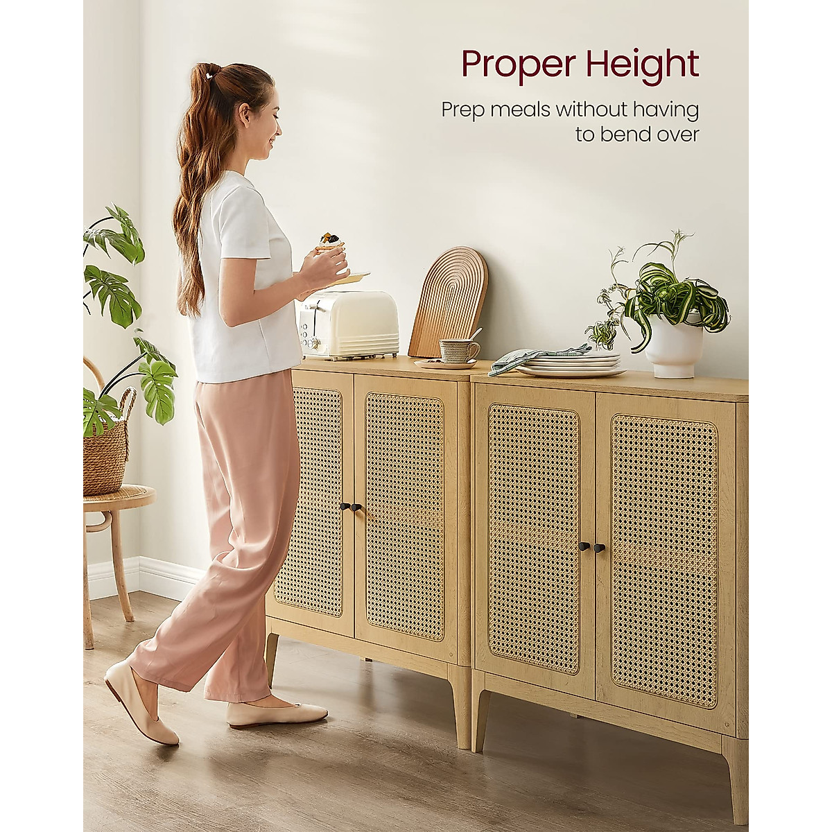 VASAGLE by SONGMICS HOME Rattan Sideboard Buffet Storage Cabinet - Kitchen Cupboard Server Console Table with Adjustable Shelves, 15.7 x 31.5 x 35.4 Inches for Entryway, Living Room, Natural