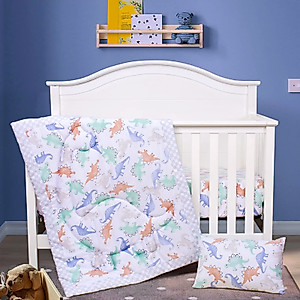 UOMNY Crib Bedding Sets for Boys - 3 Piece Dinosaur Nursery Bedding Set Baby Boys Bedding Sets Crib Set Crib Quilt Fitted Sheet Crib Pilowcase Grey Plaid / Blue Little Dinosaurs