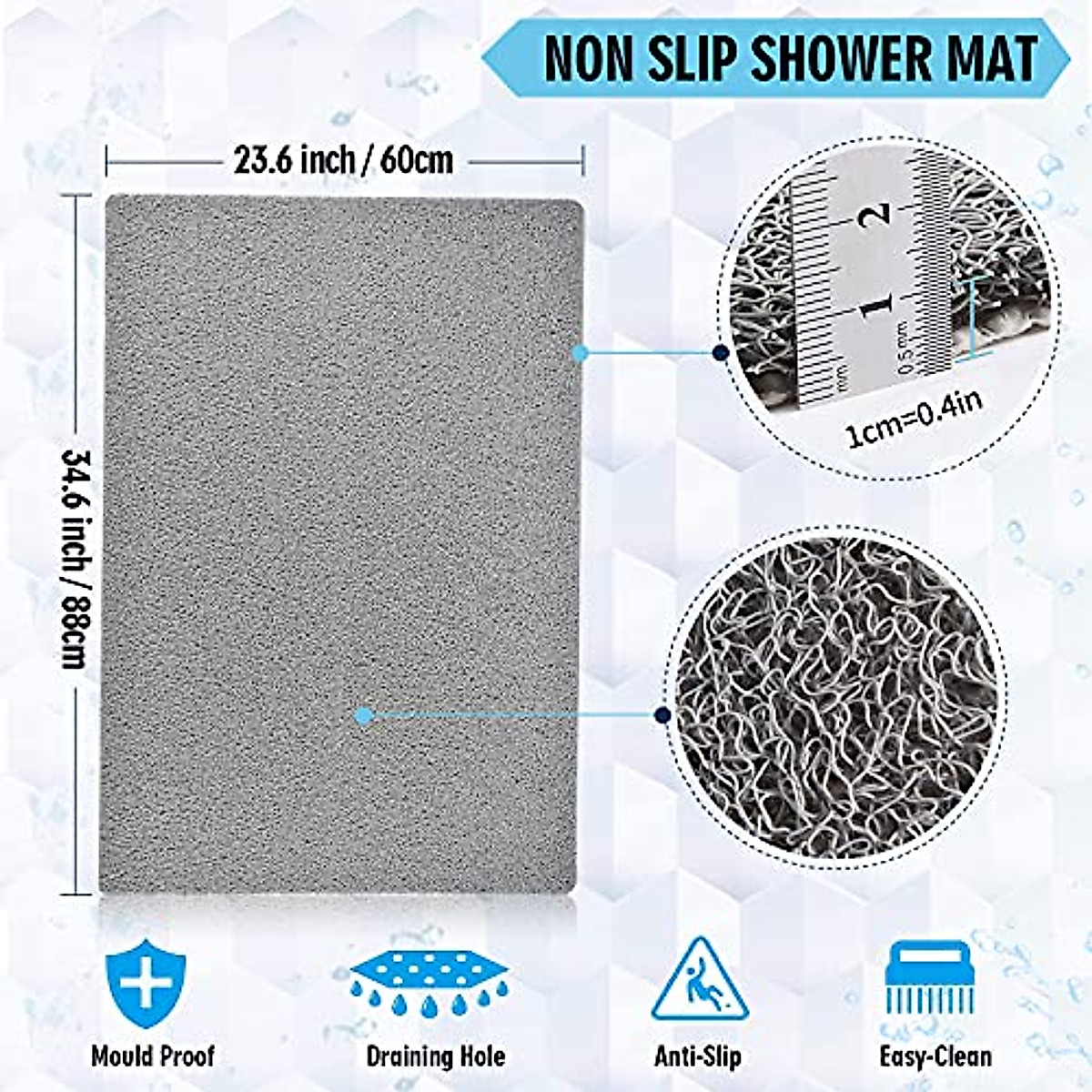 Shower Mats Non Slip Without Suction Cups, 23.6×34.6 Inch, Bath Mat for Textured Tub Surface, Loofah Mats for Shower and Bathroom, Quick Drying, Grey