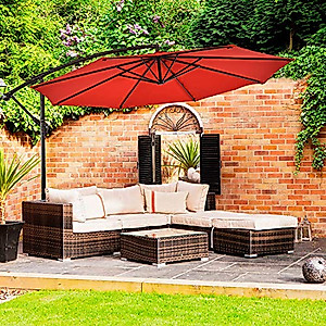 Sun-Ray 811045 10' Round Cantilever 8-Rib Offset Solar Patio Umbrella, 24 LED Lights, Crank with Adjustable Tilt, Cross Base, Aluminum Frame, Scarlet/Red