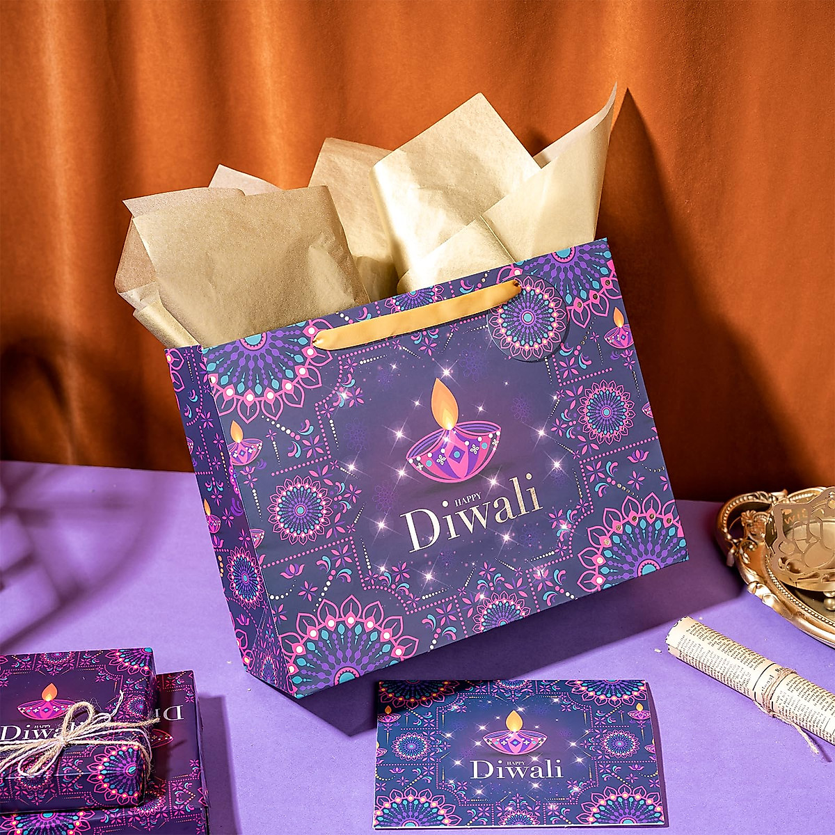 Loveinside Diwali Gift Bag with Tissue Paper, Gift Tag and Greeting Card for Diwali, Autumn, Holiday and Party - 13" x 5" x 10", 1 Pcs, Diwali