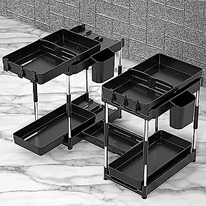 Double Sliding Under Sink Organizers and Storage - Adjustable 2 Tier Pull Out Under Cabinet Organizer Counter, Under Sink Storage for Bathroom and Kitchen, Multi-Purpose Organization and Storage Shelf