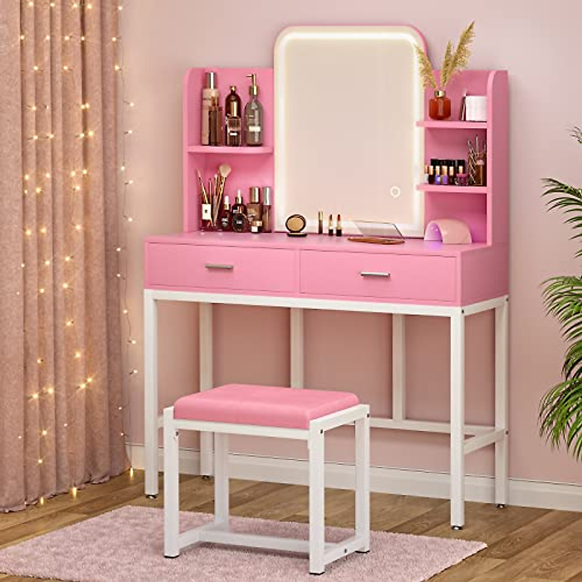 armocity Vanity Desk with Mirror and Light, Makeup Vanity with Cushioned Stool, Vanity Table Set with 3 Color Lighting Options, Modern Dressing Table with 2 Storage Drawers for Bedroom, Pink