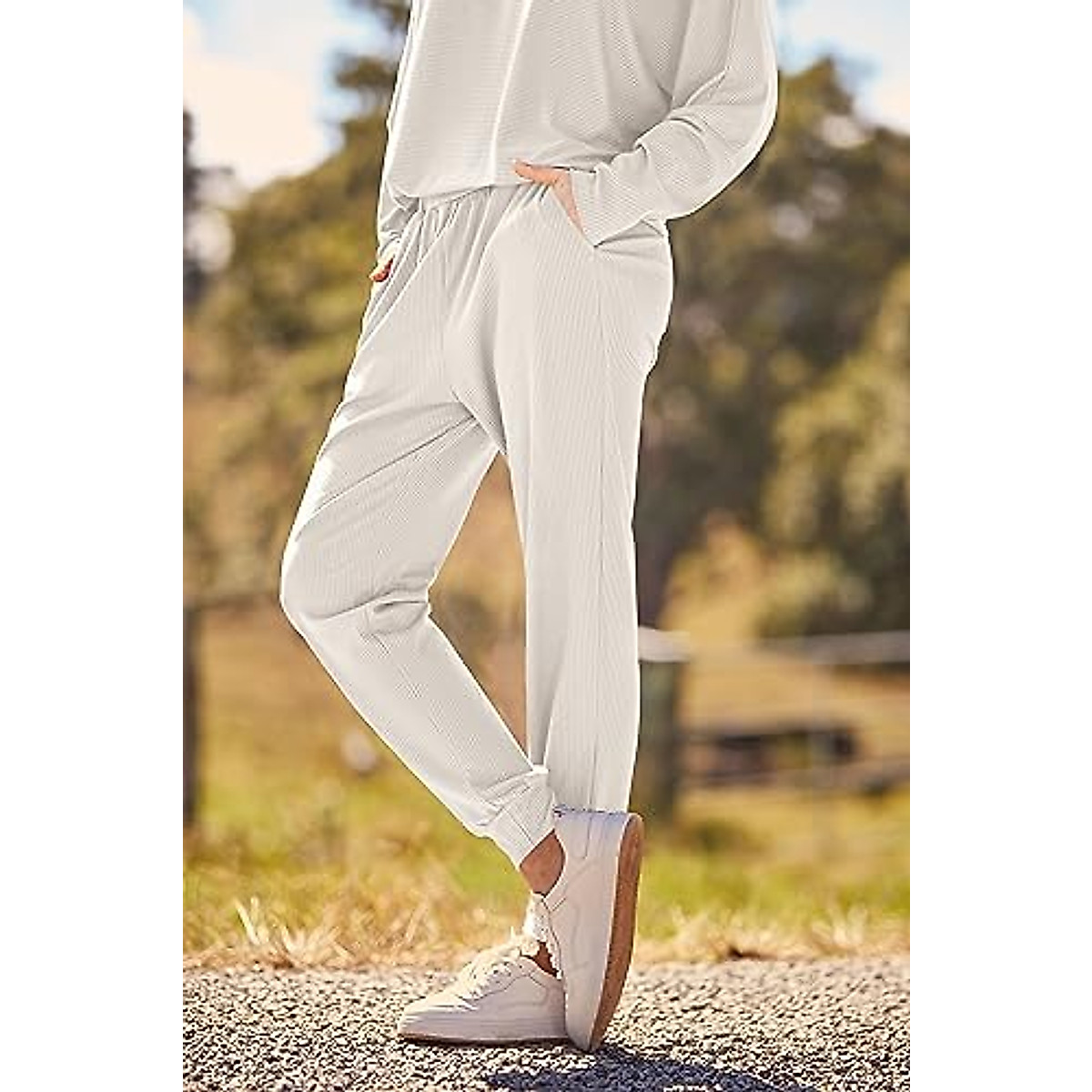 PRETTYGARDEN Women's 2023 Fall Fashion Outfits 2 Piece Sweatsuit Solid Color Long Sleeve Pullover Long Pants (Off-white,X-Large)