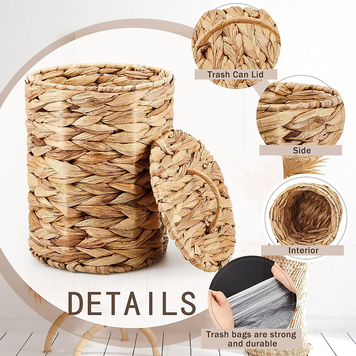 Ctosree 4 Pcs Small Wicker Trash Can Basket Woven Waste Basket with Lid Bathroom Boho Wastebasket Garbage Bin with 200 Pieces of Trash Bags for Bedroom Bathroom Office Garbage Living Room Kitchen