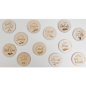 Baby Monthly Milestone Wooden Discs 12 Double Sided (24 Designs) Cards, Hello World Sign, Newborn Photo Props, Welcome Announcement, Hospital Birth Gift, Pregnancy Journey, Age Blocks