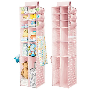 mDesign Long Soft Fabric Over Closet Rod Hanging Storage Organizer with 12 Divided Shelves, Side Pockets for Child/Kids Room or Nursery, Store Diapers, Wipes, Lotions, Toys - 2 Pack - Pink/White