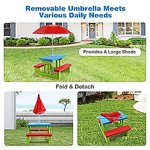 HONEY JOY Kids Picnic Table, Toddler Plastic Outdoor Table & Bench Set with Umbrella, Children Patio Furniture Set for Backyard Garden, Kids Picnic Tables for Outdoors, Gift for Boys Girls Age 3+