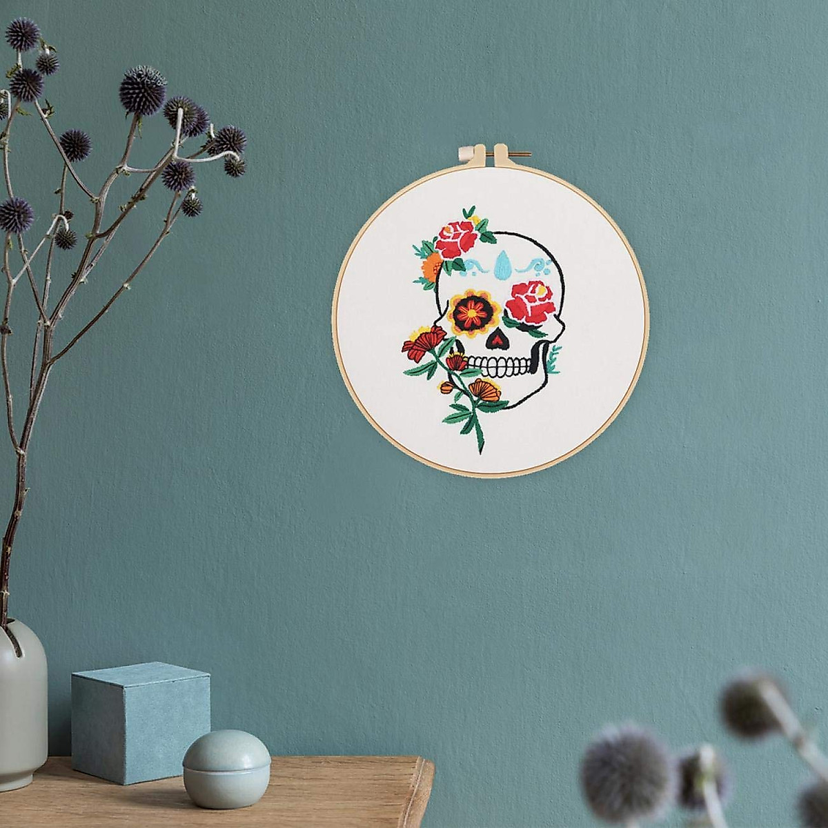 Nuberlic Embroidery Kit Cross Stitch Kits for Beginners Skull with Flowers Pattern DIY Needlepoint Kit for Adults