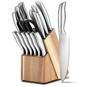 Knife Sets for Kitchen with Block, 15 Piece Kitchen Knife Set, Ultra Sharp Chef Knife Set for Kitchen, High Carbon Stainless Steel Knife Block Set with Sharpener, Silver