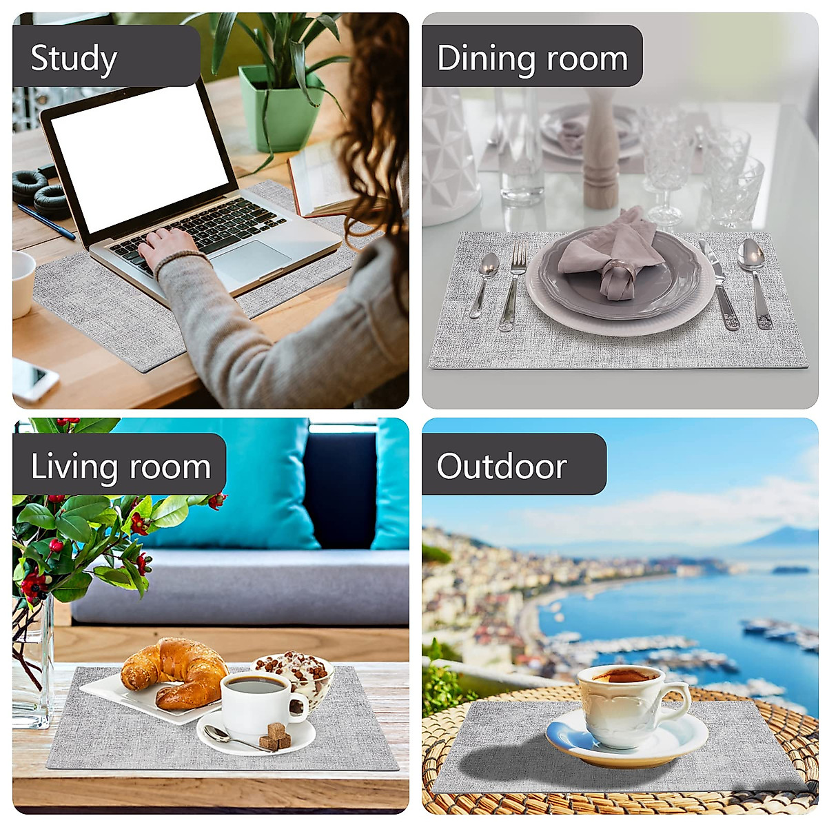 JUCCWARM Faux Leather Placemats Set of 6,Heat Resistant Placemats for Dining Table, Easy Clean Non-Slip Place Mats, Waterproof Stain Resistant Wipeable Washable PU Table Mats, (Light Grey)