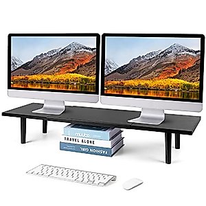 LOTEYIKE Dual Monitor Stand for 2 Monitors, Large Monitor Riser with Adjustable Length Desk Shelf Organizer, Computer Monitor Stand for Desktop, Computer,Laptop,Screen,Printer,TV (Black Color)