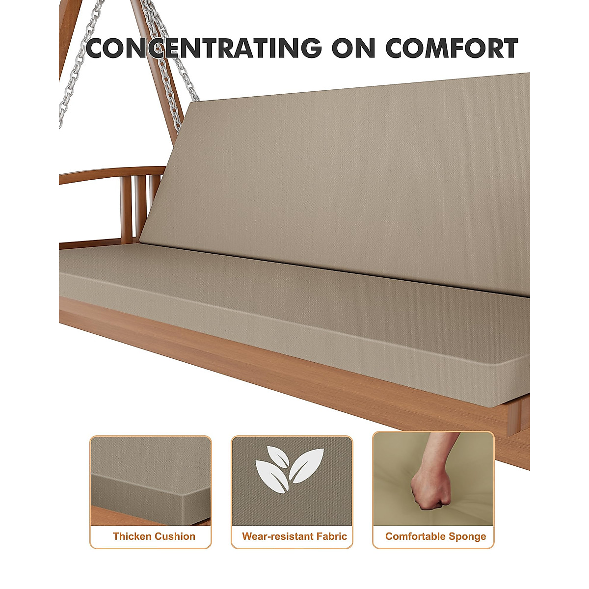 Kybolt Wooden Patio Swing with Adjustable Canopy,3-Seater Wood Patio Swing Bench Bed with Removable Cushion,Patio Swing Glider with Flatbed for Backyard Garden Balcony Poolside