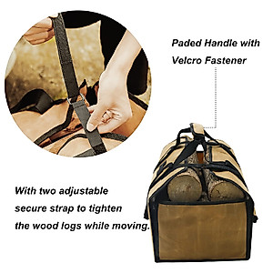TINY SPARK Large Firewood Tote Log Carrier 2-Way to Carry Waxed Canvas Firewood Carrying Bag Indoor Fire Pit Fireplace Wood Log Case for Outdoor Camping (Khaki)