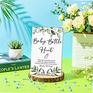 Chunful 51 Pcs Baby Shower Games Include Greenery Baby Bottle Hunt Sign Wooden Baby Gift Sets and 50 Pcs Resin Baby Bottle Shower Favor for Baby Shower Gender Reveal (Blue)