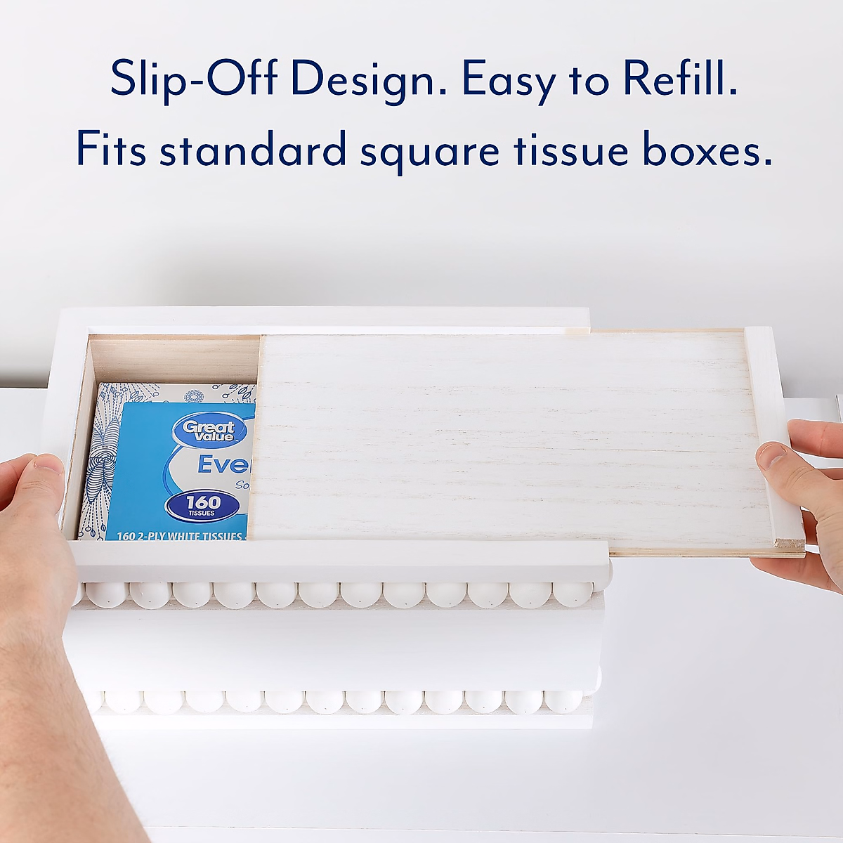 AuldHome Design Beaded Rectangular Tissue Box Cover (White); Rustic Farmhouse Wood Oblong Tissue Holder