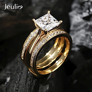 Jeulia 4.37 Carat Engraved Pricess Cut Cubic Zirconia Engagement Ring Diamond Wedding Bands for Women CZ Solitaire Sterling Silver Anniversary Bridal Promise Rings Set (Yellow Gold, 12)
