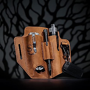 SELEWORK TH21 Multitool Belt Sheath, EDC Leather Belt Organizer, Double Stitch,Triple Strap, Belt Holder for Tactical Flashlight, Pen and Keychain Clip with Pouch, Leatherman Tool Holster Gift for Men
