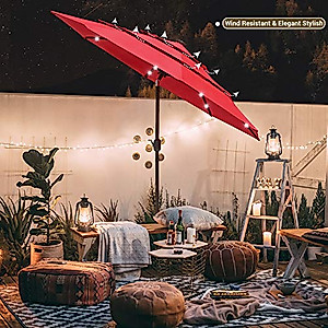 Yescom 9ft 3 Tier UV70+ Solar Powered Patio Umbrella with LED Crank Tilt Button Aluminum Outdoor Home Garden Yard Deck