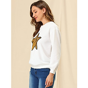 Allegra K Women's Sequin Shiny Star Crew Neck Long Sleeve Sweatshirt Top White Medium