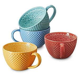 DOWAN Coffee Mugs Set of 4, 21 oz Large Coffee Mugs with Handle, Soup Mugs with Exquisite Relief Craftsmanship for Latte, Cappuccino, Party, Housewarming Wedding Gifts, Vibrant Colors
