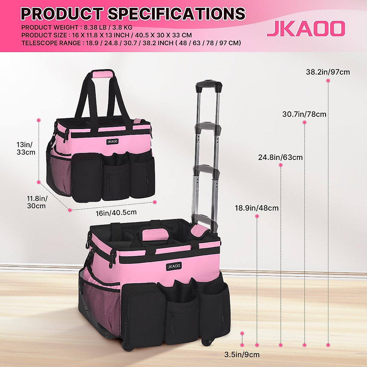 JKAOO Large Rolling Cleaning Caddy Bag with Detachable Trolley, Waterproof Cleaning Caddy on Wheels for Housekeepers, Cleaning Cart Supplies Organizer for Home,Car,Office,Picnic (Pink) (in Patent)