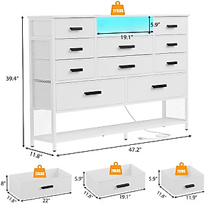 Harpaq White Dresser for Bedroom with 10 Drawers, Dresser with Charging Station, TV Stand Dresser with LED Light for 55" TV, Fabric Drawer Dresser with PU Finish, Dresser with Shelves for Closet