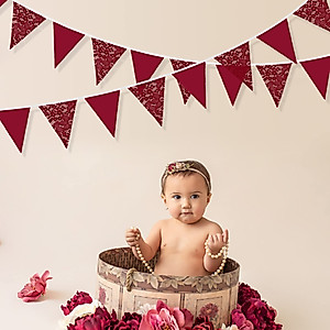 32Ft Burgundy Pennant Banner Red Wine Fabric Triangle Flag Maroon Lace Bunting Garland Streamers for Wedding Birthday Anniversary Bachelorette Baby Bridal Shower Engagement Hen Party Decorations