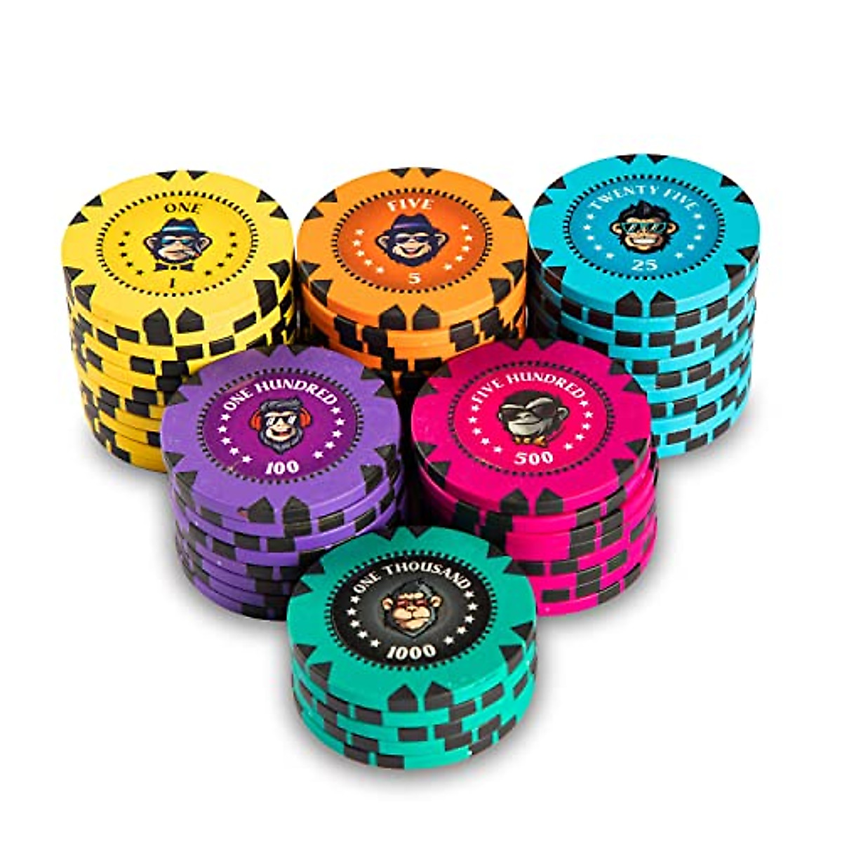 Casinokart NFT Monkey Series 300/500 Pieces 14 GMS Clay Material Casino Quality Poker Chips Set with Denomination, Durable Carry Case, 2 Decks of Branded Playing Cards and Dealer Button (300 Pieces)