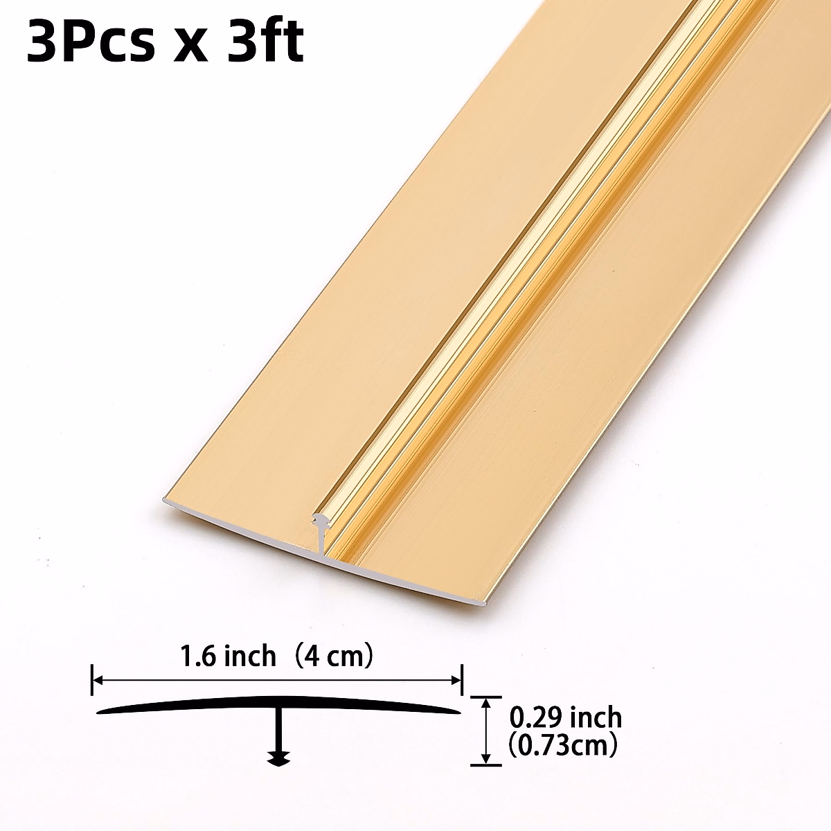 Gaahing Aluminum T Molding Floor Transition Strip, T Moulding for Laminate Flooring Planks, Vinyl Floor Transition, Rubber Transition (3Pcs x 2.9ft x 1.6in, Matte Gold)