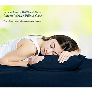 ROYALE LINENS 400 Thread Count 100% American Grown Cotton 4 Piece Sateen Queen Sheet Set - 1 Fitted Sheet, 1 Flat Sheet, 2 Pillow case - Navy Queen Bedsheet - Cotton Sheets - (Queen, Rivera Navy)