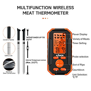 NAMON Wireless Meat Thermometer, Grill Thermometer with 2 Meat Probes, 195ft Wireless Range Digital Thermometer for Cooking, Food Thermometer with Smart Alert for Oven, Smoker, Rotisserie, BBQ