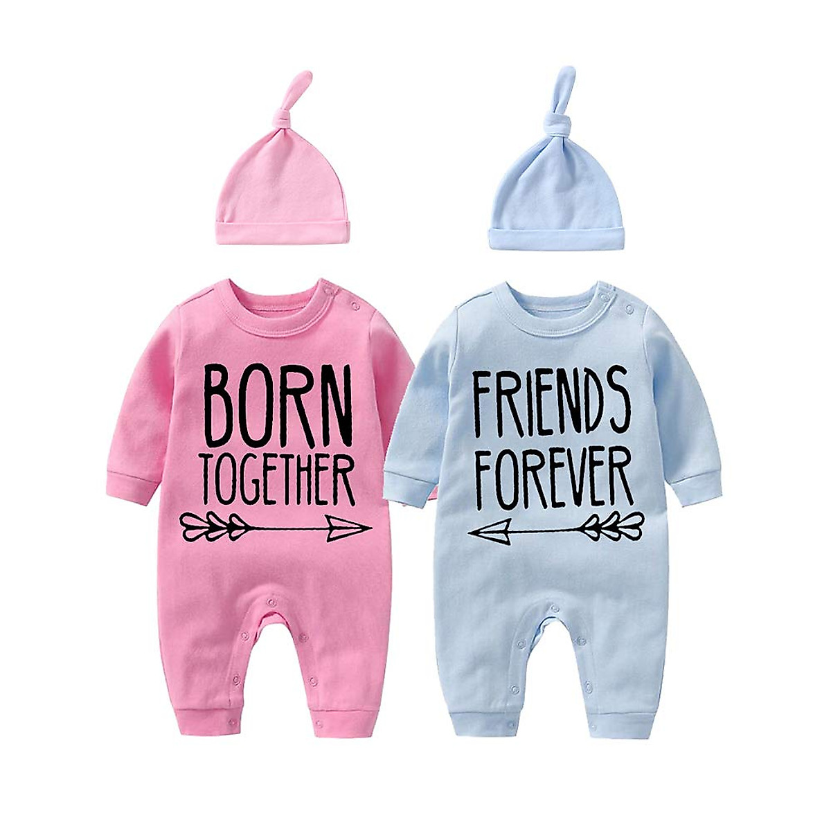 YSCULBUTOL Baby twins bodysuit with hat Born together friend forever baby boy clothes Toddler girl clothes Baby Romper(BlPi BB 3M)