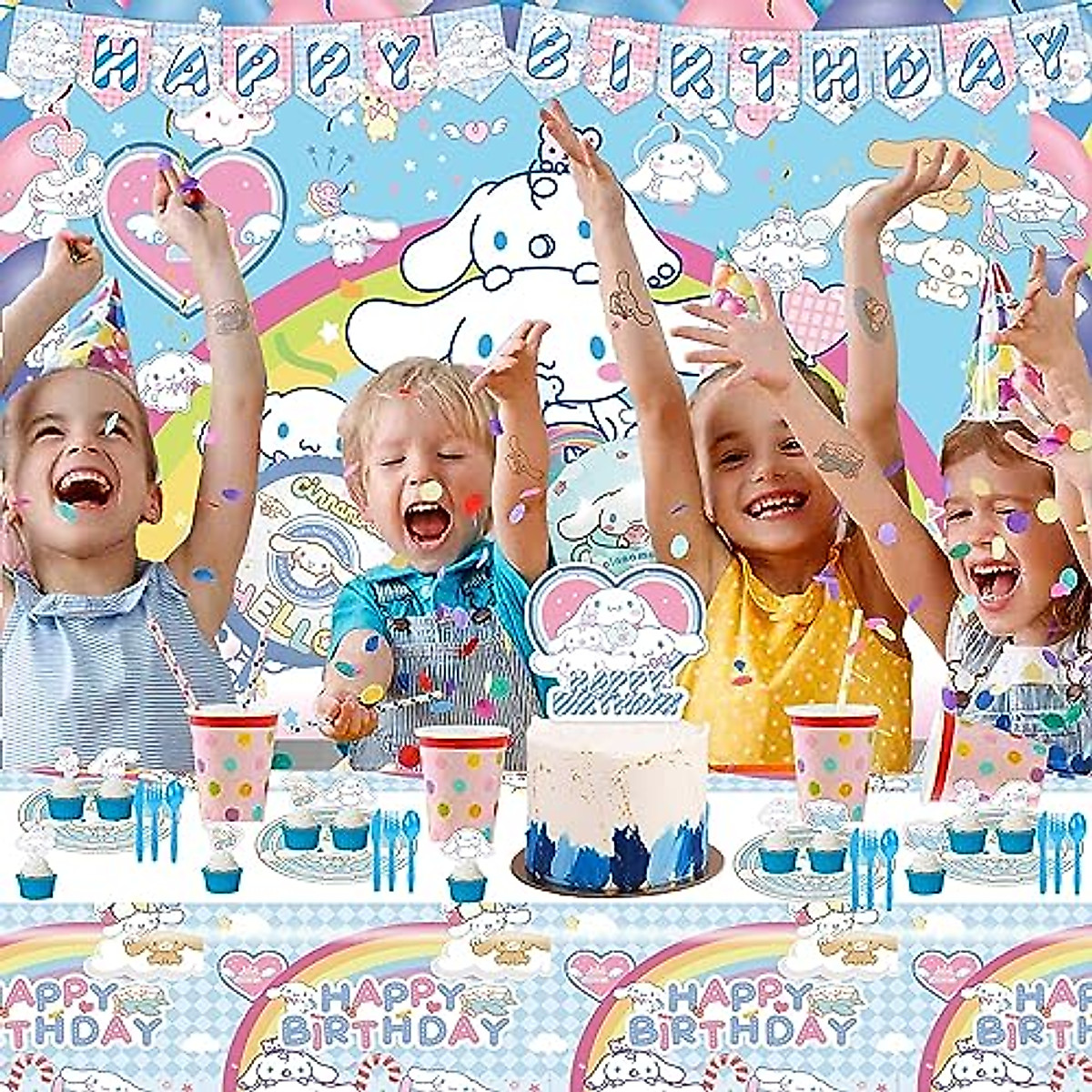 Kawaii Birthday Party Decorations Include Banner, Balloon, Tablecloth, Plates, Tattoo Sticker, Backdrop for Kawaii Birthday Party Supplies