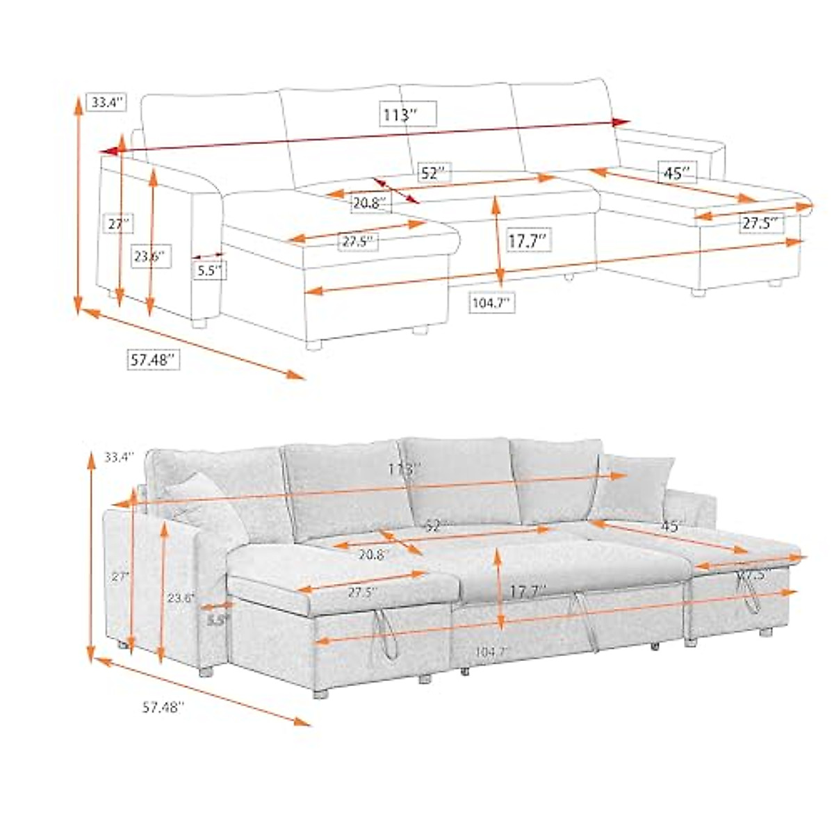 Eafurn Sectional Sleeper Sofa Bed with Storage Chaise Lounge, U Shape Oversized Convertible Corner Couch with Pull Out Bed, 5 Seater Reversible Pullout Sofabed Sofacama for Living Room Office