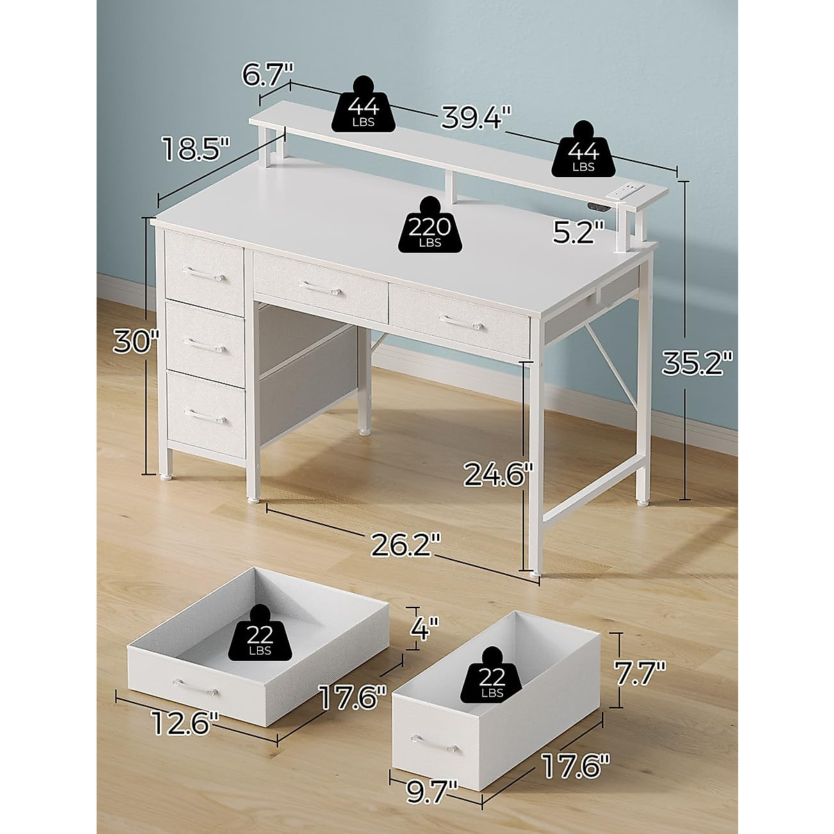 Seventable Computer Desk with Power Outlets & LED Light, 39 inch Home Office Desk with 5 Drawers, Writing Desk with Monitor Stand, Work Desk for Home Office, White