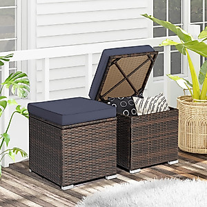 HAPPYGRILL 2 PCS Patio Ottoman Set Outdoor Wicker Stool with Storage, Rattan Footrest Ottoman with Solid Metal Frame and Cushion for Backyard Poolside Garden Balcony