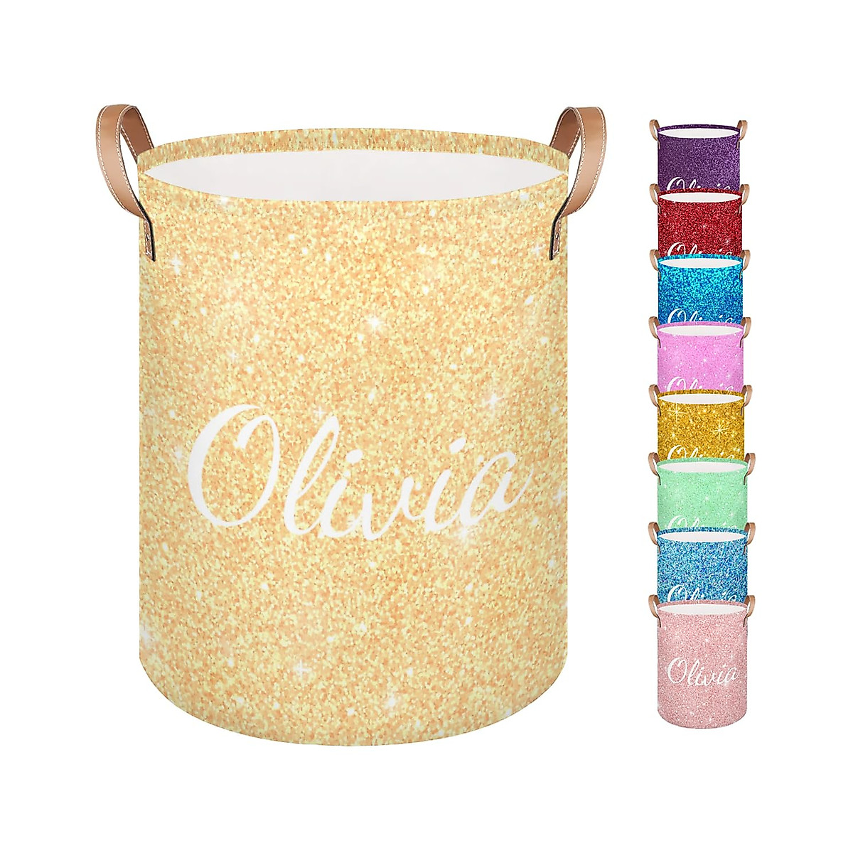 SPYORBKX Custom Laundry Basket with Name, Personalized Baby Laundry Hamper for Bedroom Bathroom, Round Storage Basket with Handle for Men Women Sparking