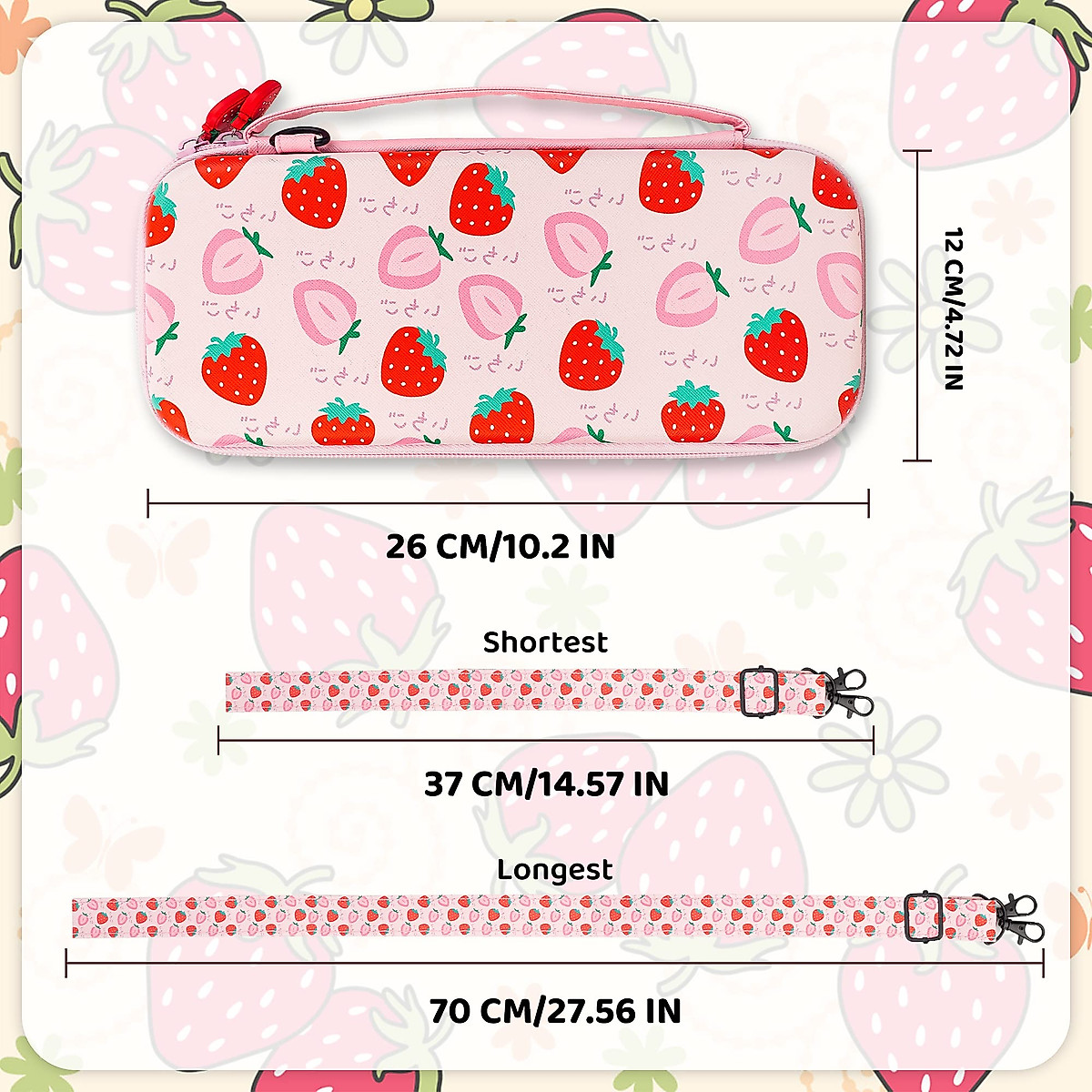 RHOTALL 6 in 1 Cute Strawberry Carrying Case Set for Nintendo Switch OLED,Portable Pink Travel bundle Case for Switch OLED Accessories,Protective Cover,Screen Protector,Shoulder Strap and 2 Thumb Caps