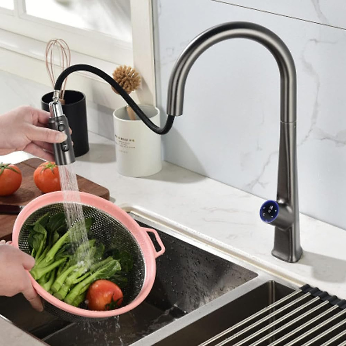 Touchless Kitchen Faucet with Put Down Sprayer, Touch Screen Kitchen Faucet with Temperature Display, Smart Sensor Kitchen Faucet, Brass Kitchen Sink Faucet, Kitchen Mixer Tap-Gray