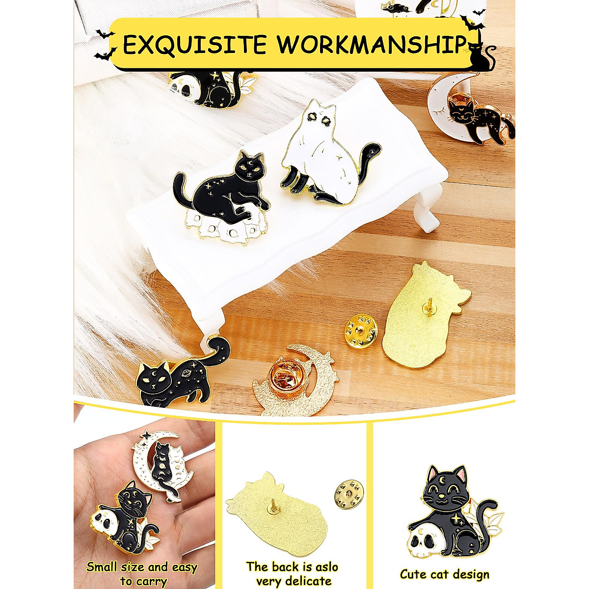 10 Pieces Cat Pins Cute Brooch Pin Set Kawaii Cat Backpack Pin Black Cat Book Brooch Gothic Aesthetic Cat Buttons for Backpacks Clothing Bags Lapel Jackets for Women Men DIY Presents