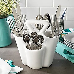 MosJos Ceramic Silverware Caddy - 4-Section Cutlery & Utensil Holder with Handle for Countertop - Farmhouse Spoon Fork Knife Organizer for Kitchen (White)