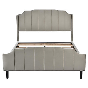 RUNWON Queen Size Upholstered Platform Bed,Bed Frame with Headboard and Footboard for Living Room/Bedroom, Velvet Fabric,Gray