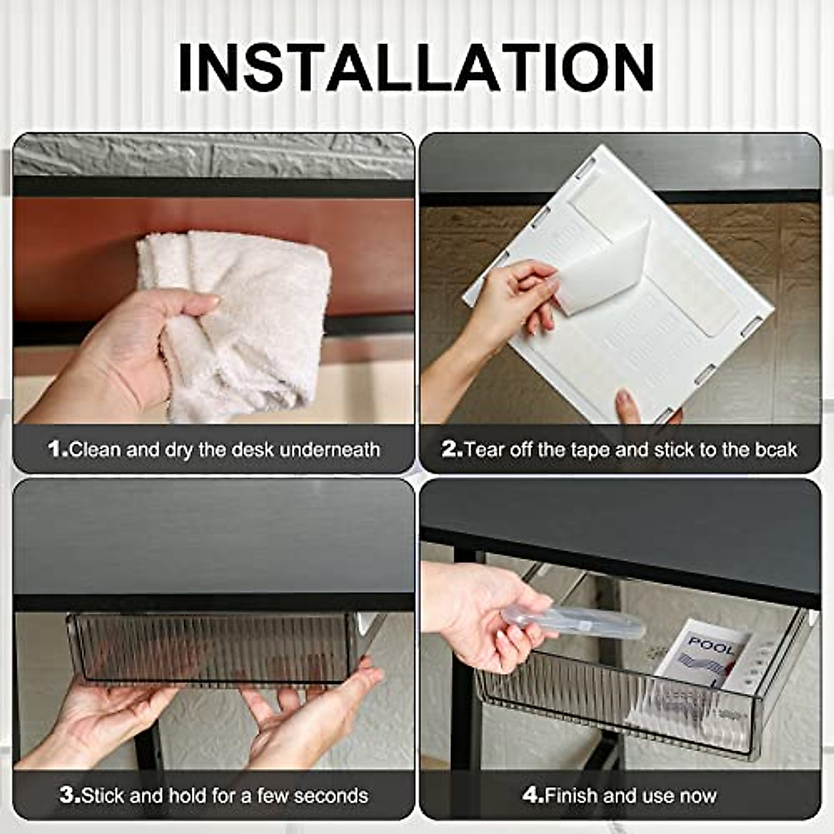 2 Pack Under Desk Drawer Organizer Slide Out, Self- adhesive Plastic Drawer Under Desk Storage Accessories & Workspace Organizers, Add a Drawer Under Table Storage for Office/ Classroom/ Home