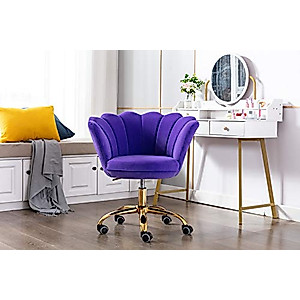 ZOBIDO Comfy Home Office Task Chair with Wheels, Cute Modern Upholstered Velvet Seashell Back Adjustable Swivel Vanity Desk Chair, for Women, for Girls, Living Room(Purple)