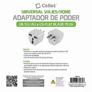 Cellet Universal Travel Adapter: Seamless Plug Conversion for International Travelers AC Wall Power Adapter to Convert China, UK, AU, EU & Other Plugs to US Plug Socket (2PACK)