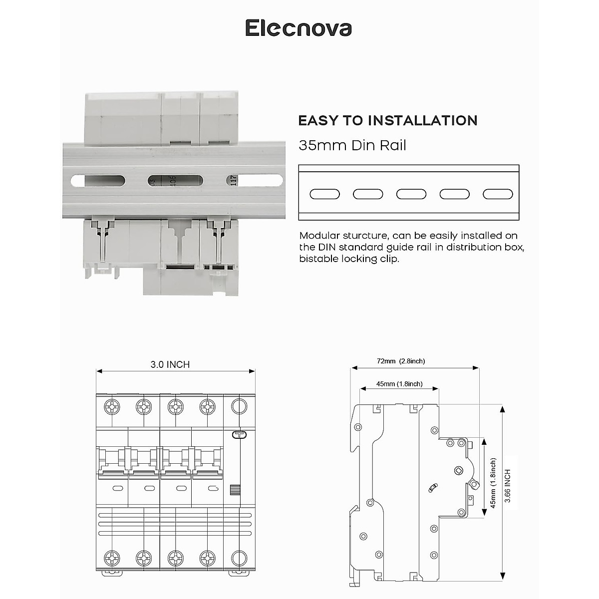 Elecnova 6-63A Miniature Circuit Breaker, 2Pole+N AC 20amp Breaker 230V, DIN-Rail Mounted MCB, Circuit Leakage, Overload, Short-Circuit Trip, 110V / 120V Available