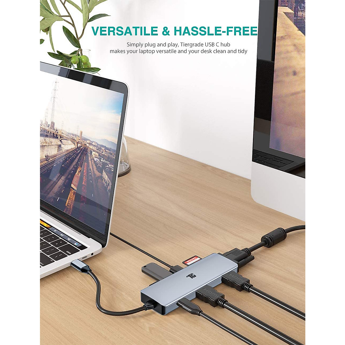 USB C Hub, Tiergrade 9 In 1 Triple Display Collage Display Laptop Docking Station with 2 4K HDMI, VGA, PD, USB 3.0 and TF/SD Card Reader, USB C Dock for MacBook/Dell/HP/Lenovo and Other Type-C Laptops